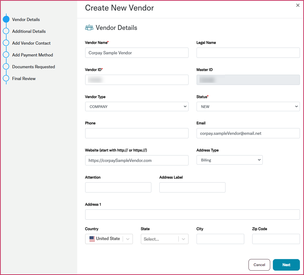 Navigating the Create New Vendor Dialog – Corpay
